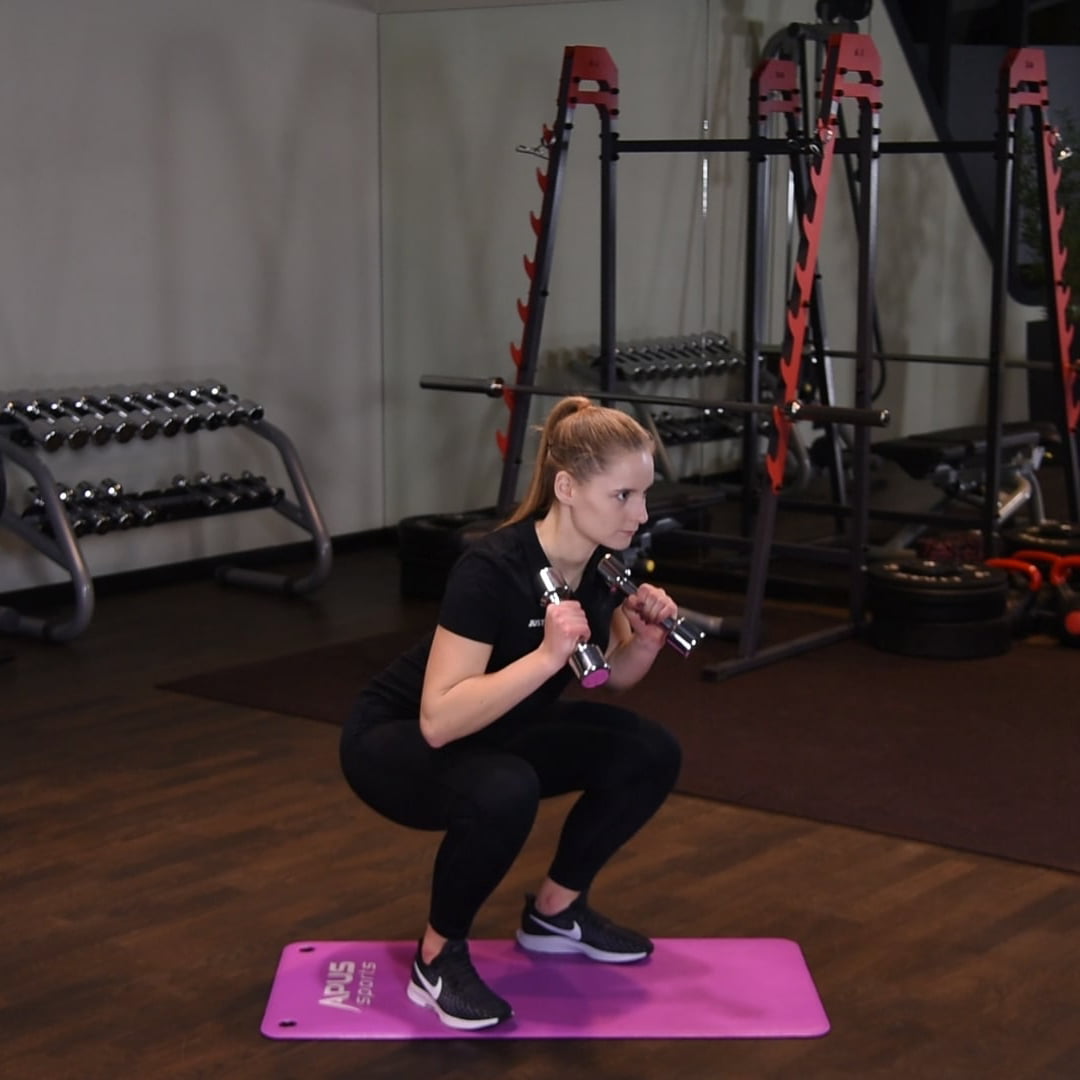 Przysiad z wyprostem ramion z hantlami przed siebie - Just be FIT